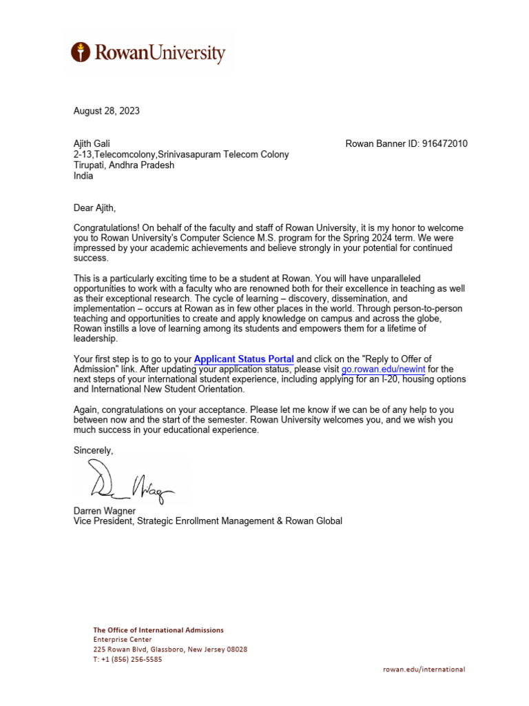 Rowan Admit Letter | PDF