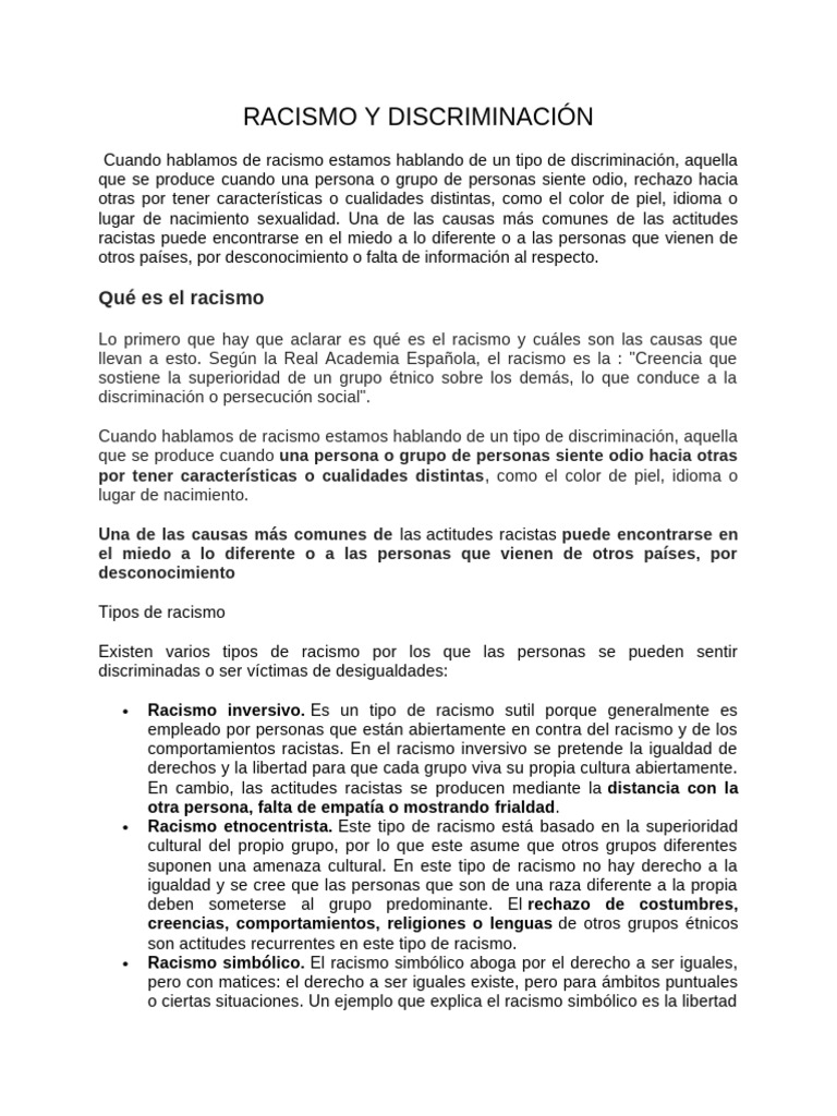 Racismo y Discriminación Trabajo Grupal | PDF | Racismo ...
