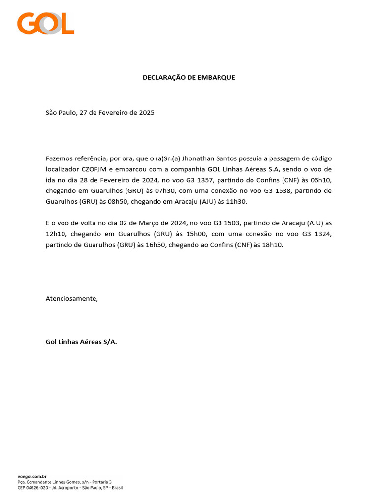 Declaração de Embarque - Czofjm | PDF
