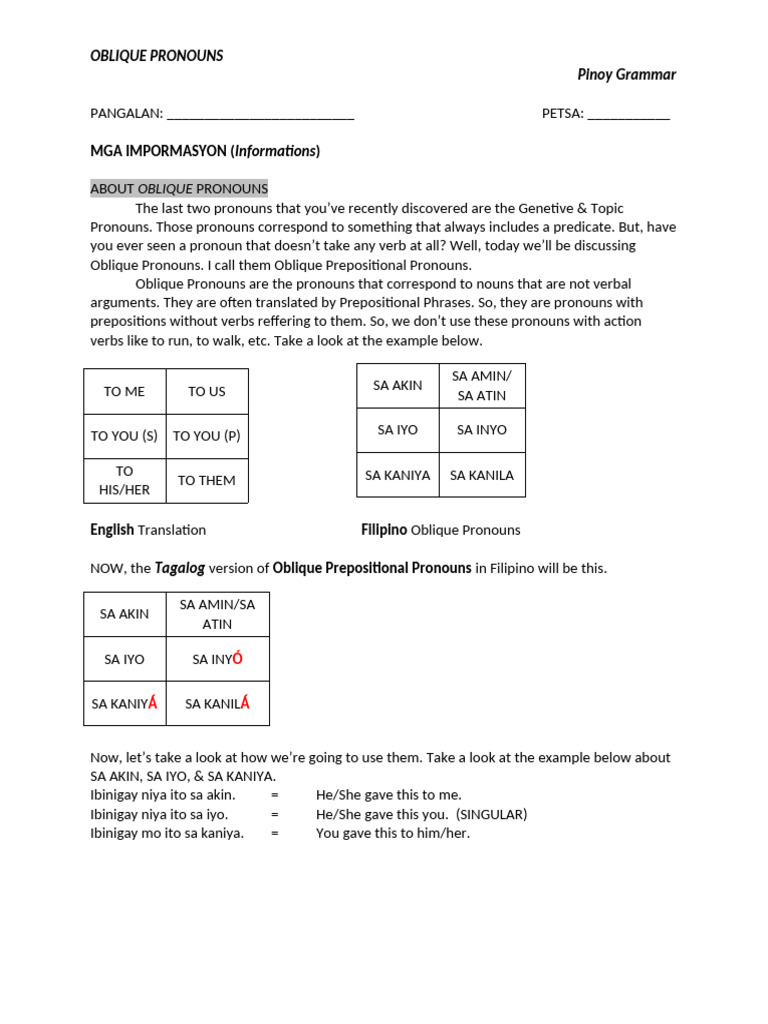 Oblique Pronouns Pinoy Grammar 1 | PDF | Pronoun | Verb