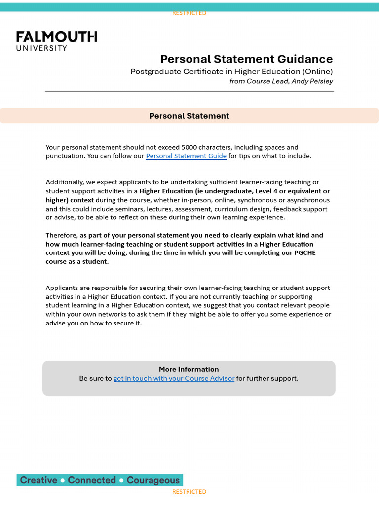 PGCHE Online Course Personal Statement Guide | PDF
