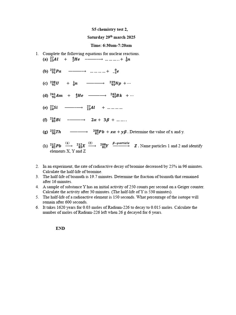 S5 Chemistry Nuclear Reactions Test | PDF