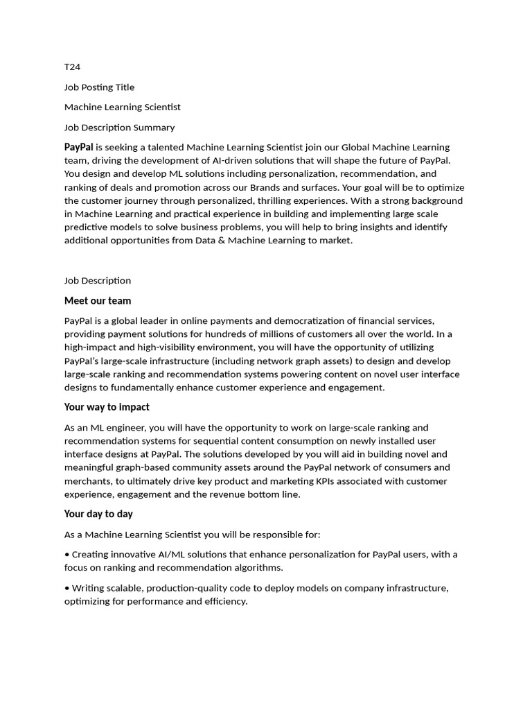 T24 Machine Learning Scientist | PDF | Machine Learning | Pay Pal