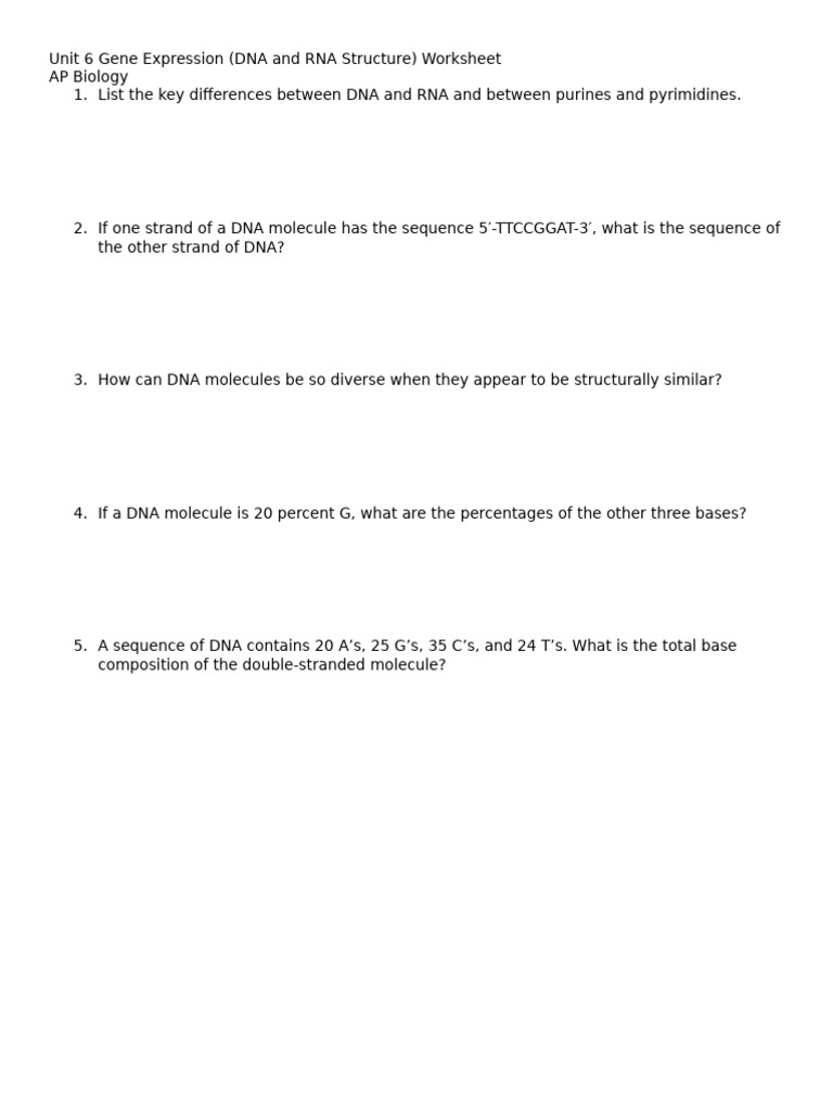 Unit 6 Gene Expression DNA and RNA Structure Worksheet | PDF