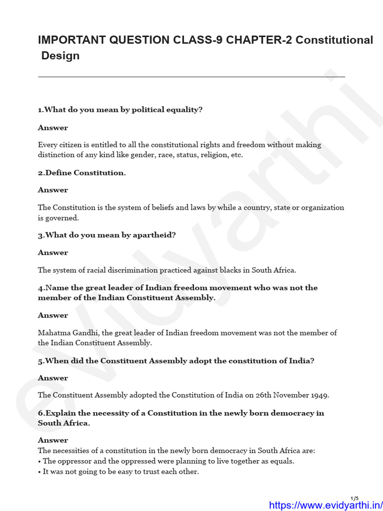 Important Question Cbse Class 9 Civics Chapter 2 Constitutional Design ...