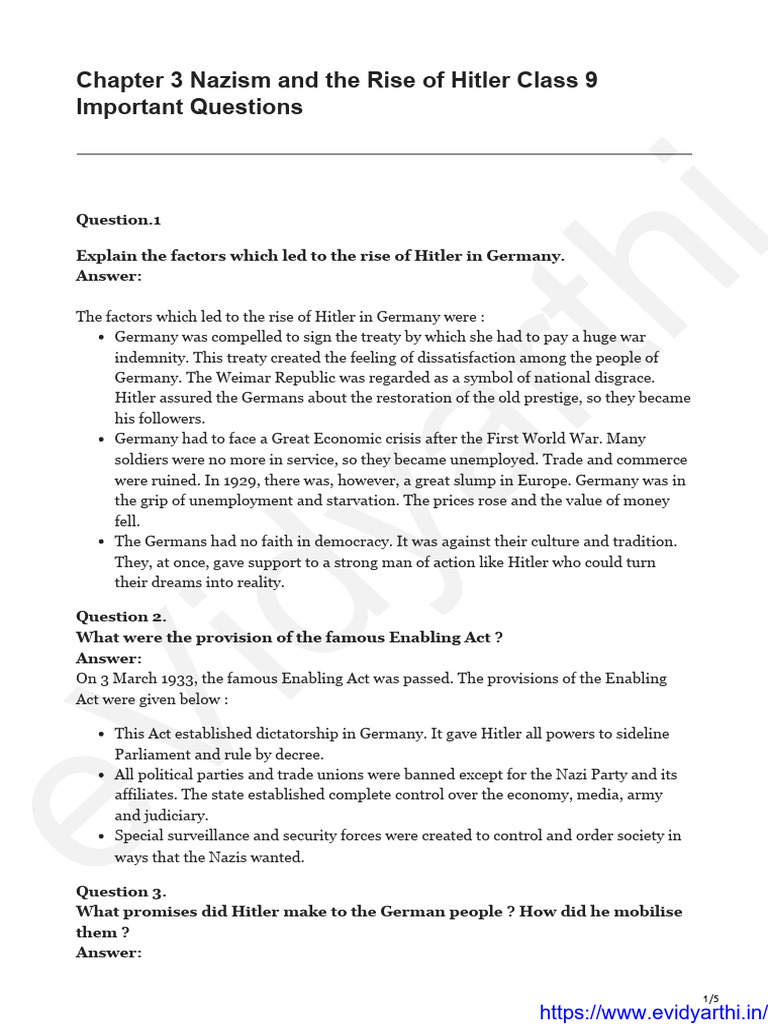 Important Question Cbse Class 9 History Chapter 3 Nazism and The Rise ...