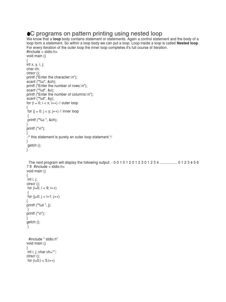 C Programs On Pattern Printing Using Nested Loop Pdf Software
