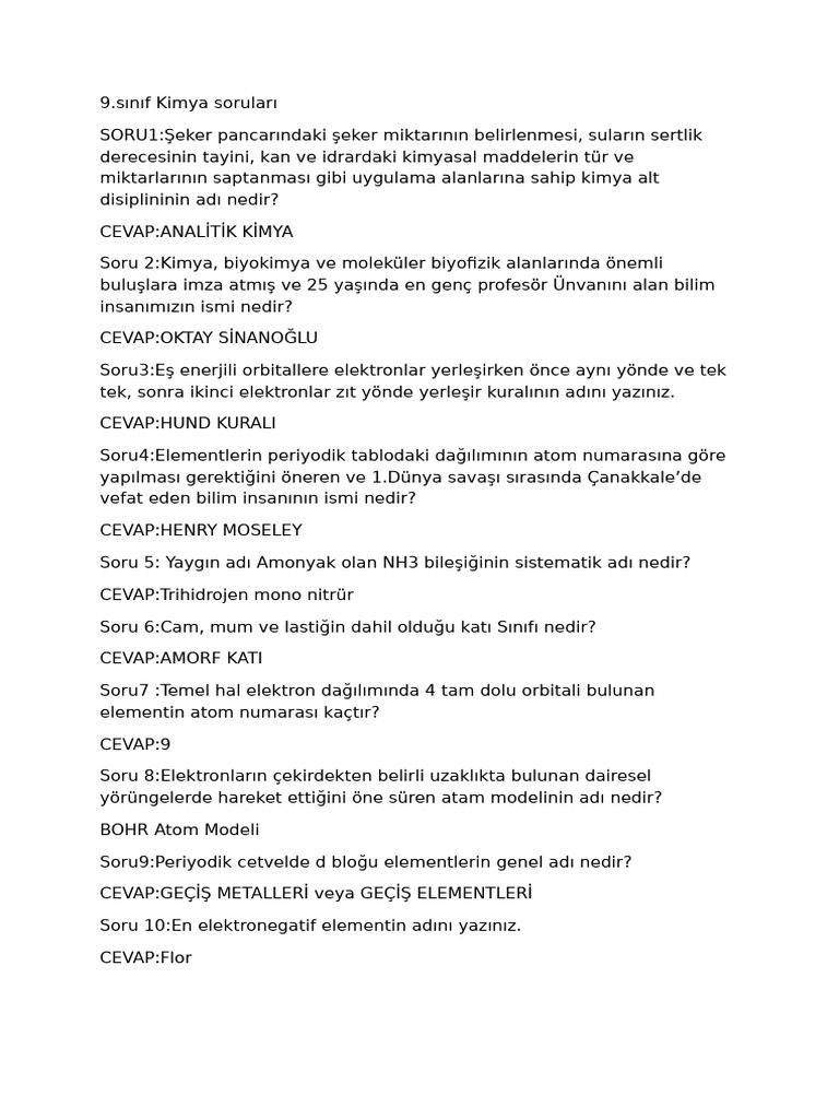 9.sınıf Sorular KİMYA | PDF
