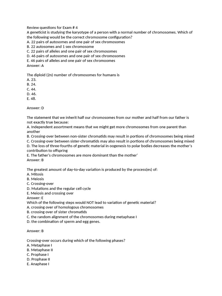 Genetics Exam 4 Review Questions | PDF | Meiosis | Dominance (Genetics)