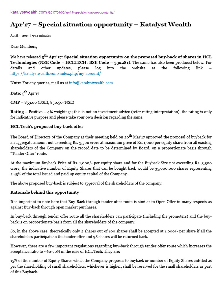 Apr'17 - Special Situation Opportunity - Katalyst Wealth Reader | PDF | Share Repurchase ...