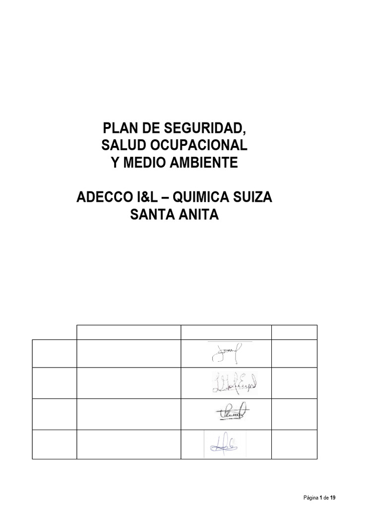 Plan de Seguridad Salud Ocupacional y Medio Ambiente ADECCO - QS V00 | PDF | Seguridad y salud ...