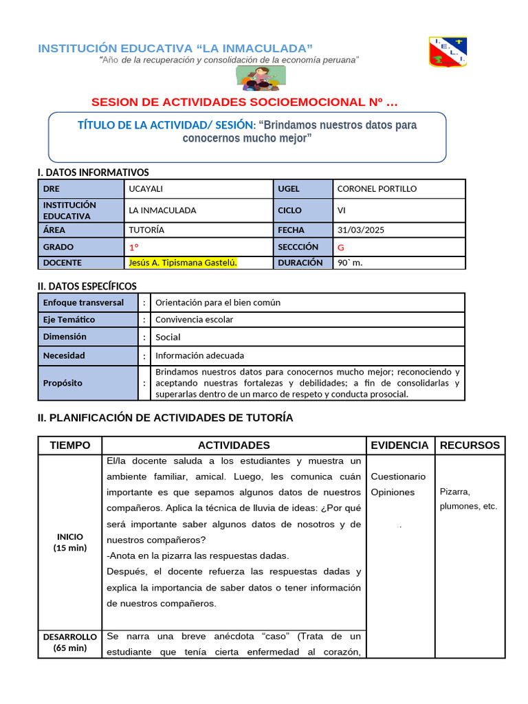 Actividades de Tutoría: Conociéndonos Mejor | PDF