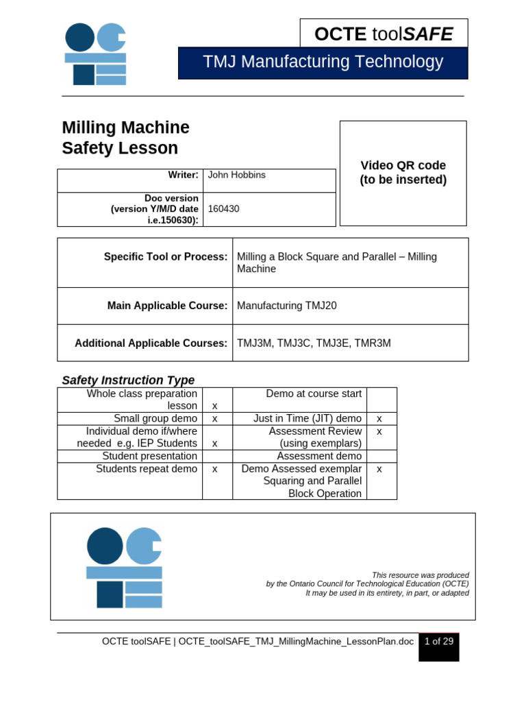TMJ2 Vertical Mill Lesson Plan | PDF | Personal Protective Equipment | Hazards