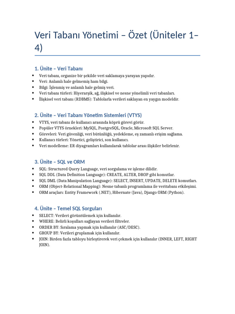 Veri Tabanı Yonetimi Ozet | PDF