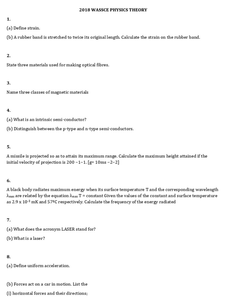 2018 WASSCE Physics Theory Questions | PDF | Acceleration | Light