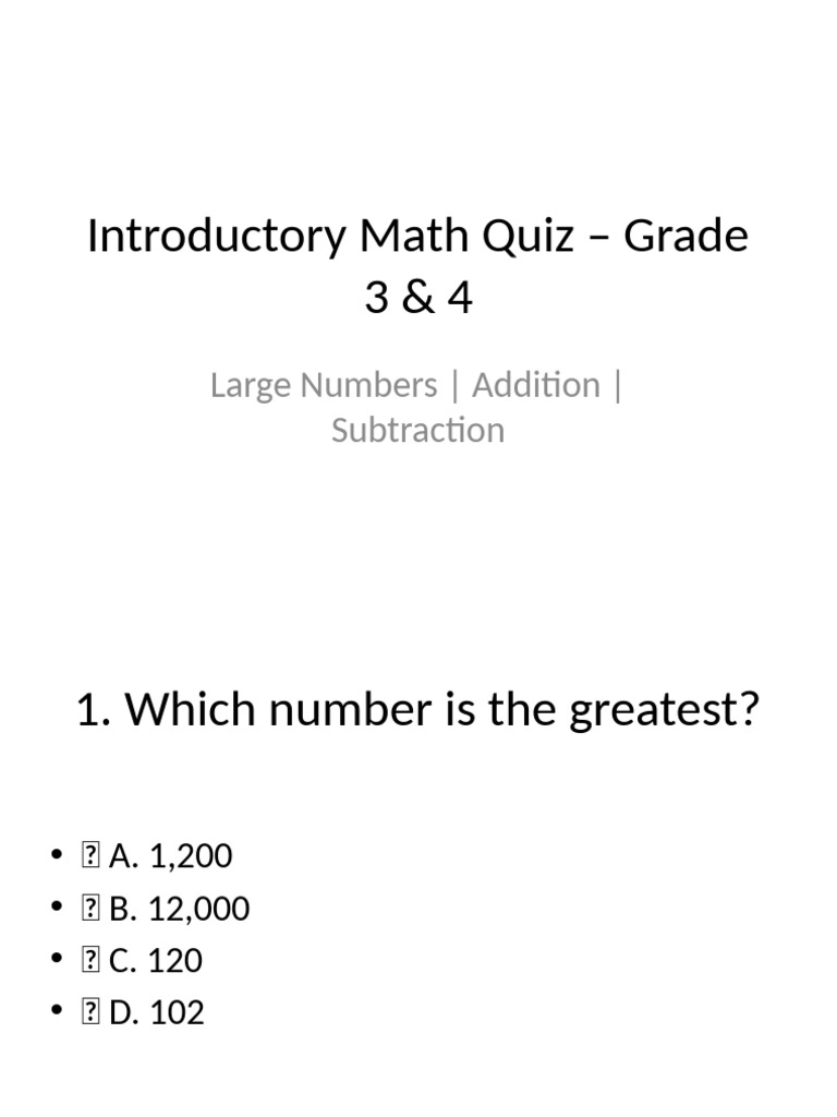 Intro Math Quiz Grade3 4 | PDF
