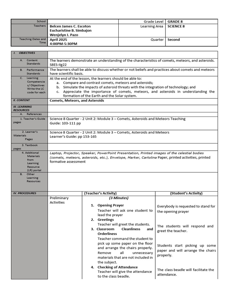 7Es Lesson Plan on Comets, Meteors, and Asteroid | PDF | Meteoroid | Comet