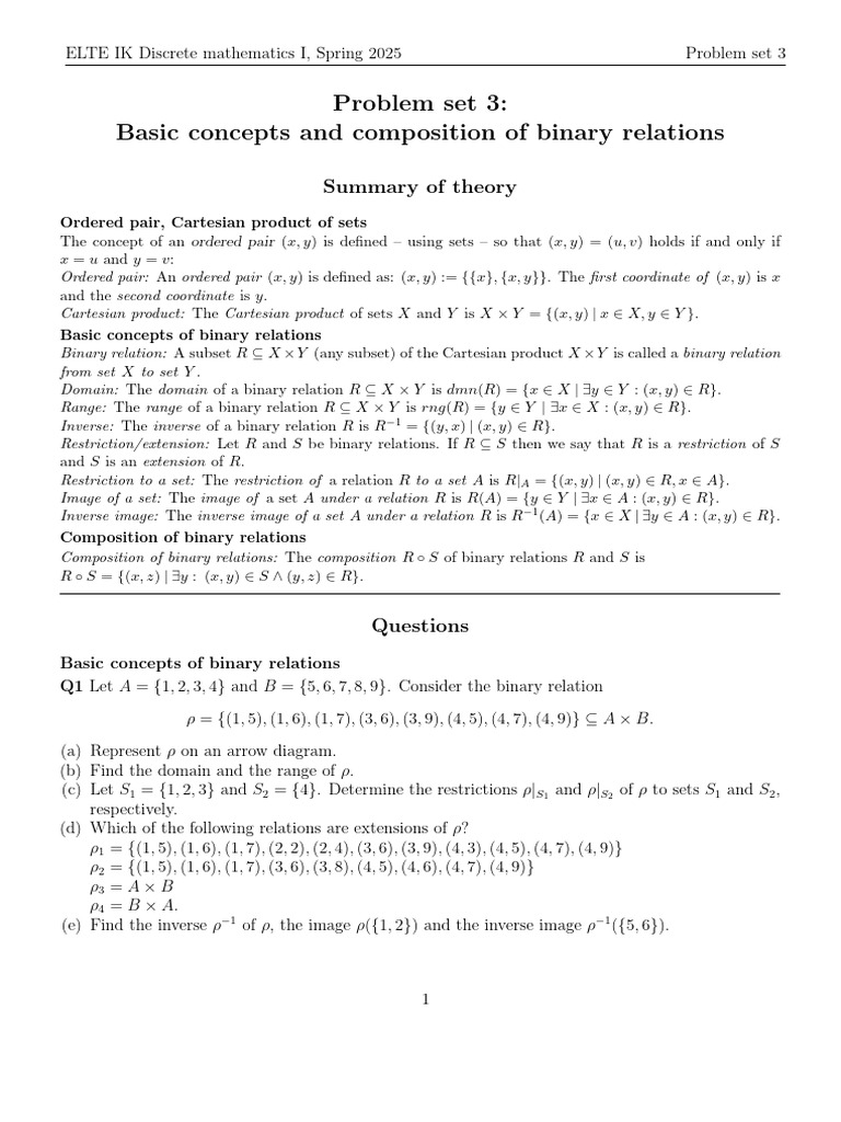 Dm1 Problem Set 3 Relations 2025 Spring | PDF | Abstract Algebra | Mathematical Logic