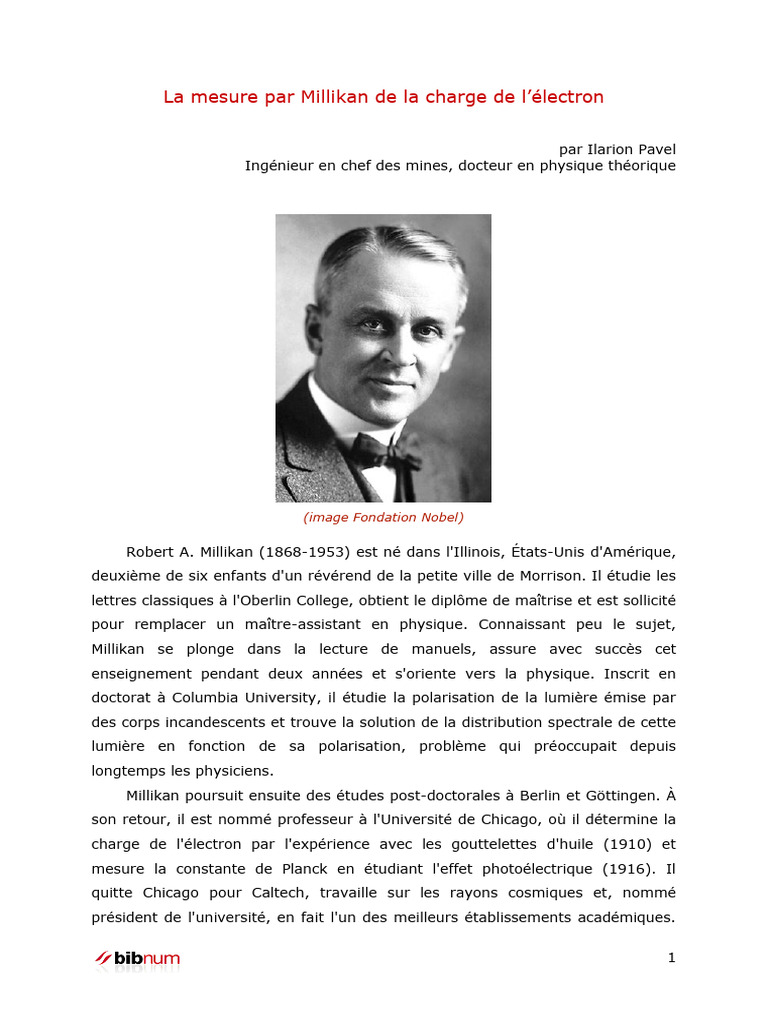 Mesure de la charge de l'électron par Millikan | PDF | Quark ...