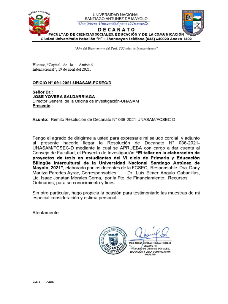 Oficio #091-21 Jose Yovera Remito RD Aprob Proyecto D Paredes | PDF