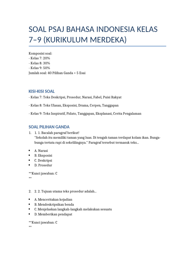 Soal PSAJ Bahasa Indonesia Kelas 7 9 Gabungan | PDF