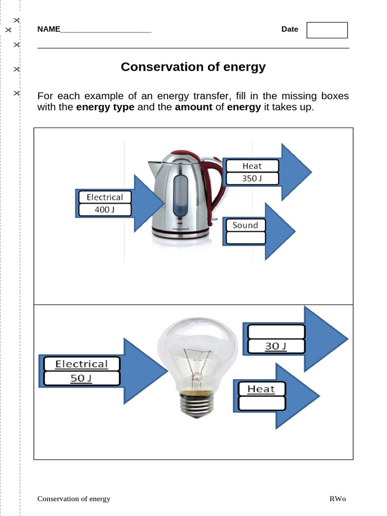Energy Transfer and Conservation Worksheet | PDF