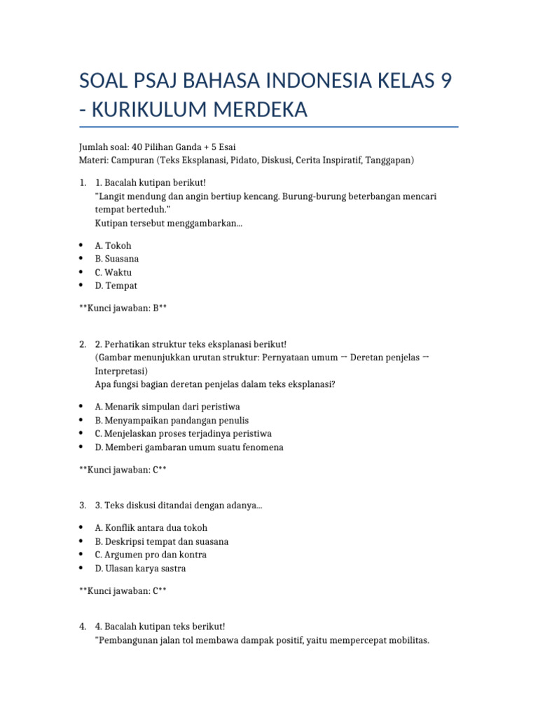 Soal PSAJ Bahasa Indonesia Kelas 9 Lengkap | PDF