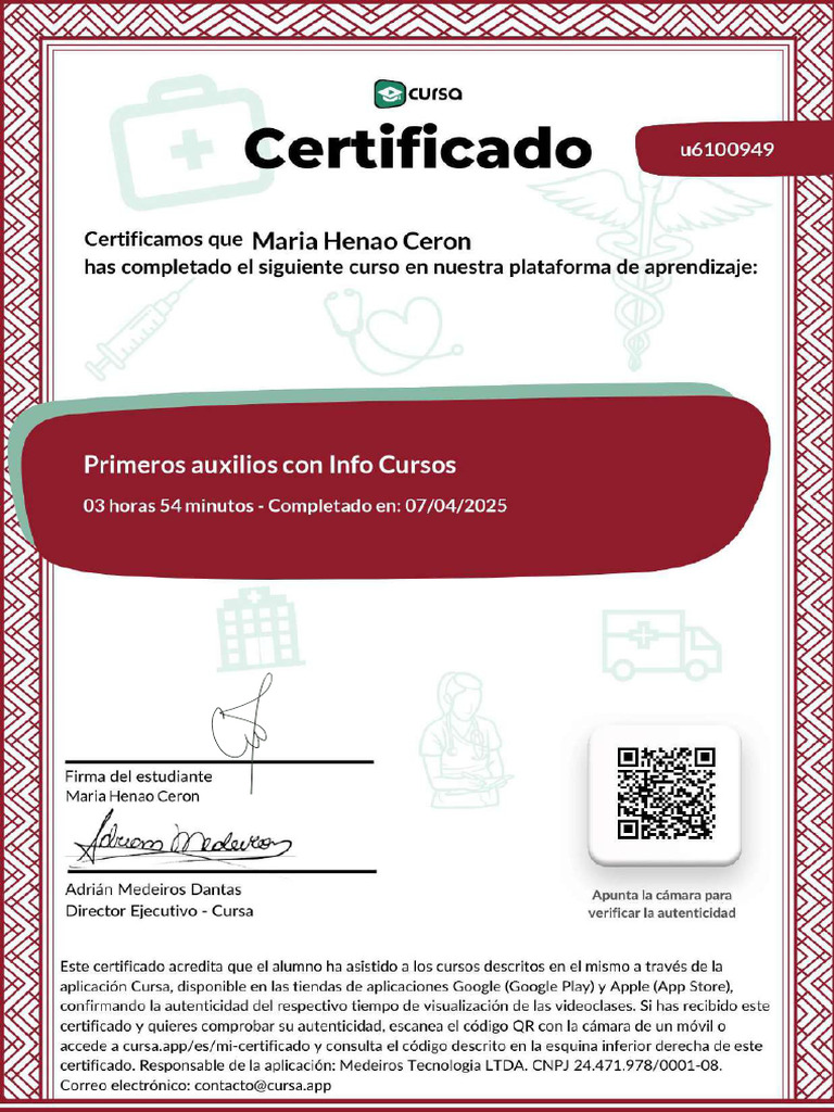 First Aid Certificate - María Camila Henao Cerón | PDF