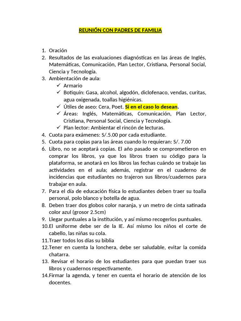 Reunión de Padres: Evaluaciones y Normas | PDF