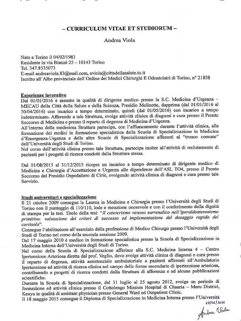 Curriculum Vitae Et Studiorum - Andrea Viola | PDF