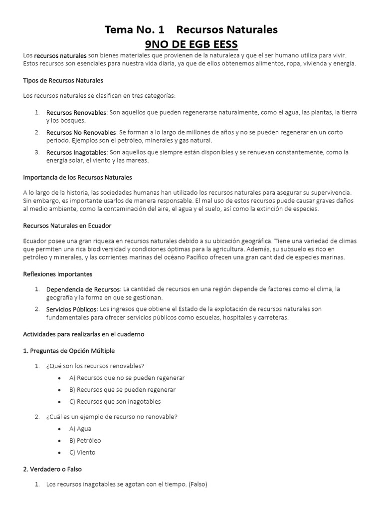 Tema No 1 Eess Recursos Naturales 9no | PDF | Energía renovable | Ciencias sociales ambientales