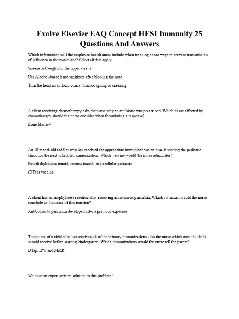 Evolve Elsevier EAQ Concept HESI Immunity 25 Questions and Answers ...