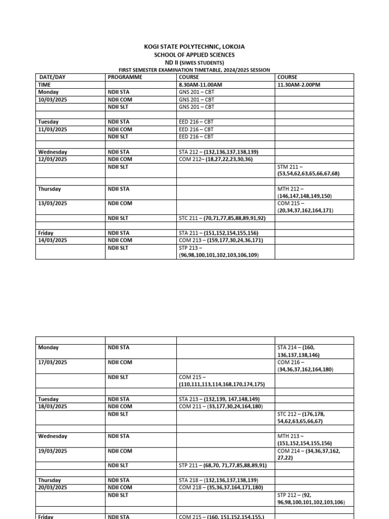 First Semester Exam Timetable Siwes 2024 2025 | PDF | Educational Stages | Higher Education