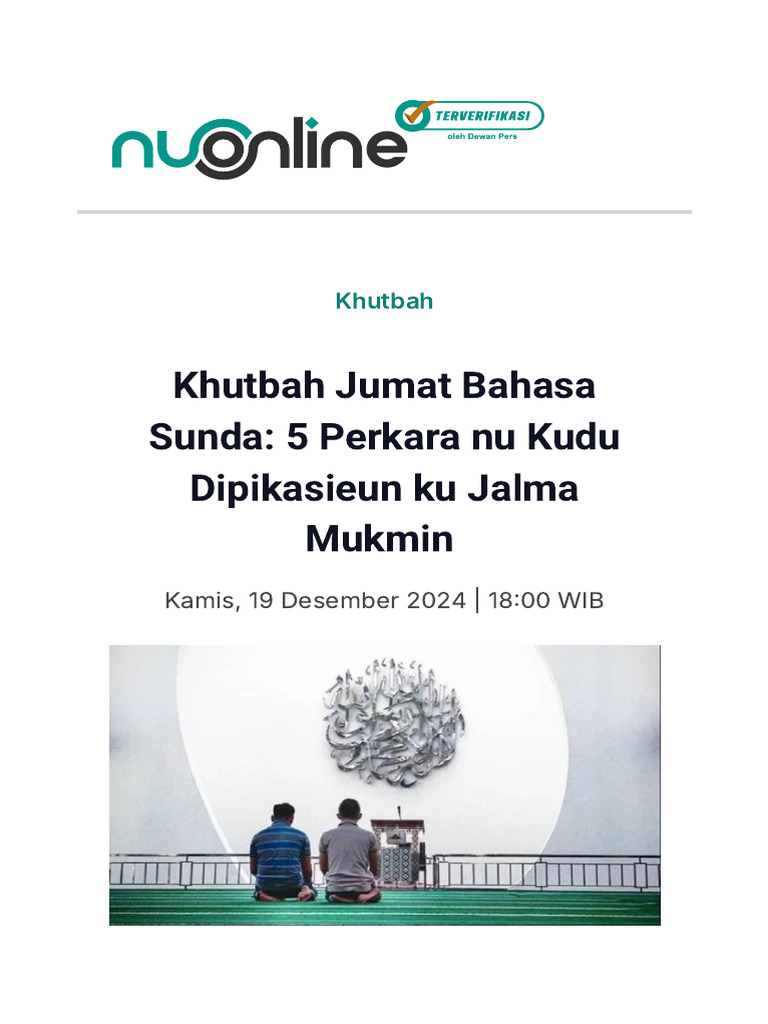 Khutbah Jumat Bahasa Sunda - 5 Perkara Nu Kudu Dipikasieun Ku Jalma Mukmin | PDF