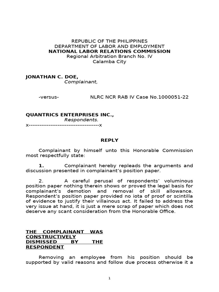Quantrics Enterprises NLRC Case Reply Complainant | PDF | Salary ...