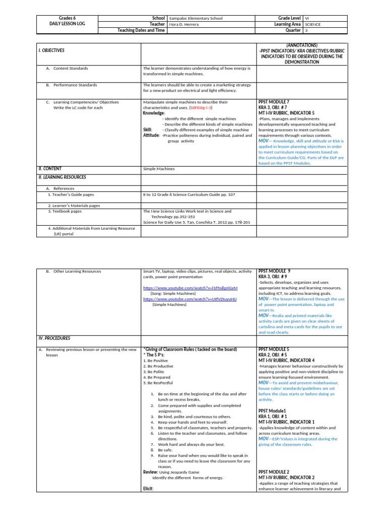 405706564-Cot-Dlp-Science-6-Simple-Machines-With-Annotations | PDF | Educational Assessment ...