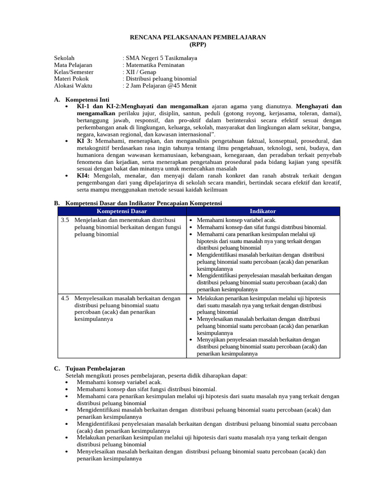 RPP 5. Distribusi Peluang Binomial | PDF