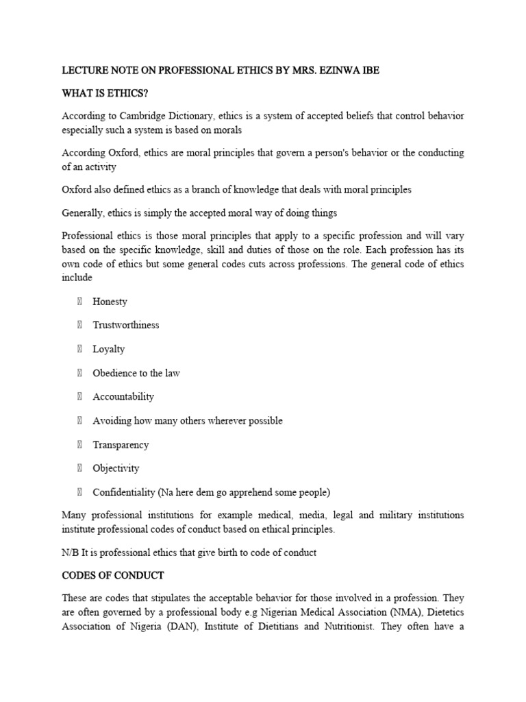 Lecture Note On Professional Ethics by Mrs. Ezinwa Ibe | PDF | Professional Ethics | Medicine