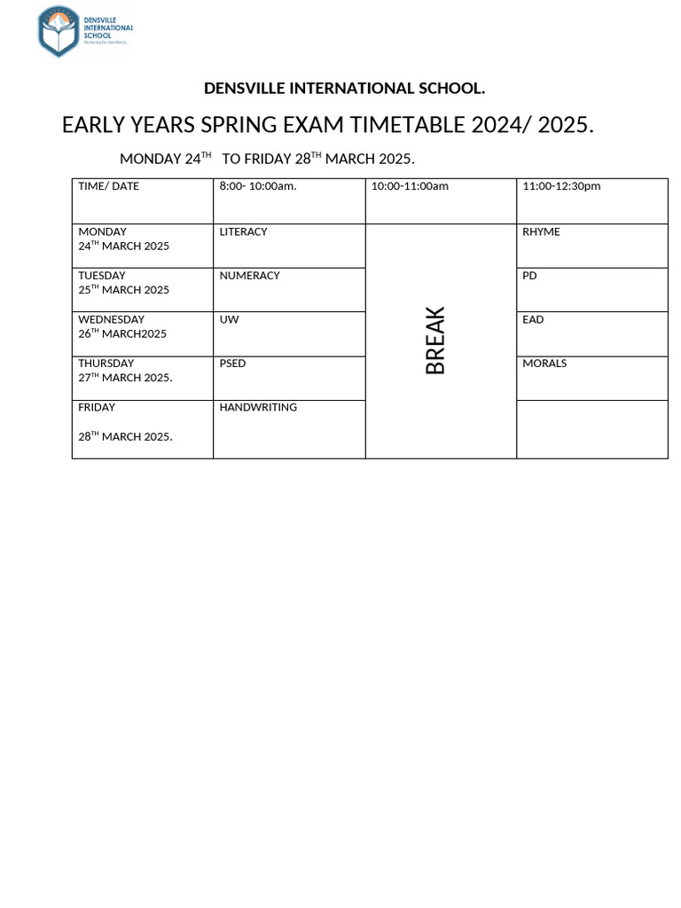 Spring Exam Timetable. Early Years | PDF