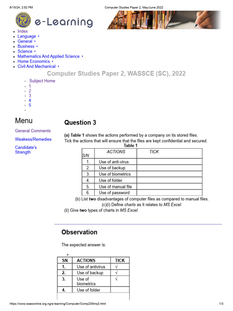 Wassce Waec 2022 Computer Studies Paper 2 Questions and Answers PDF ...