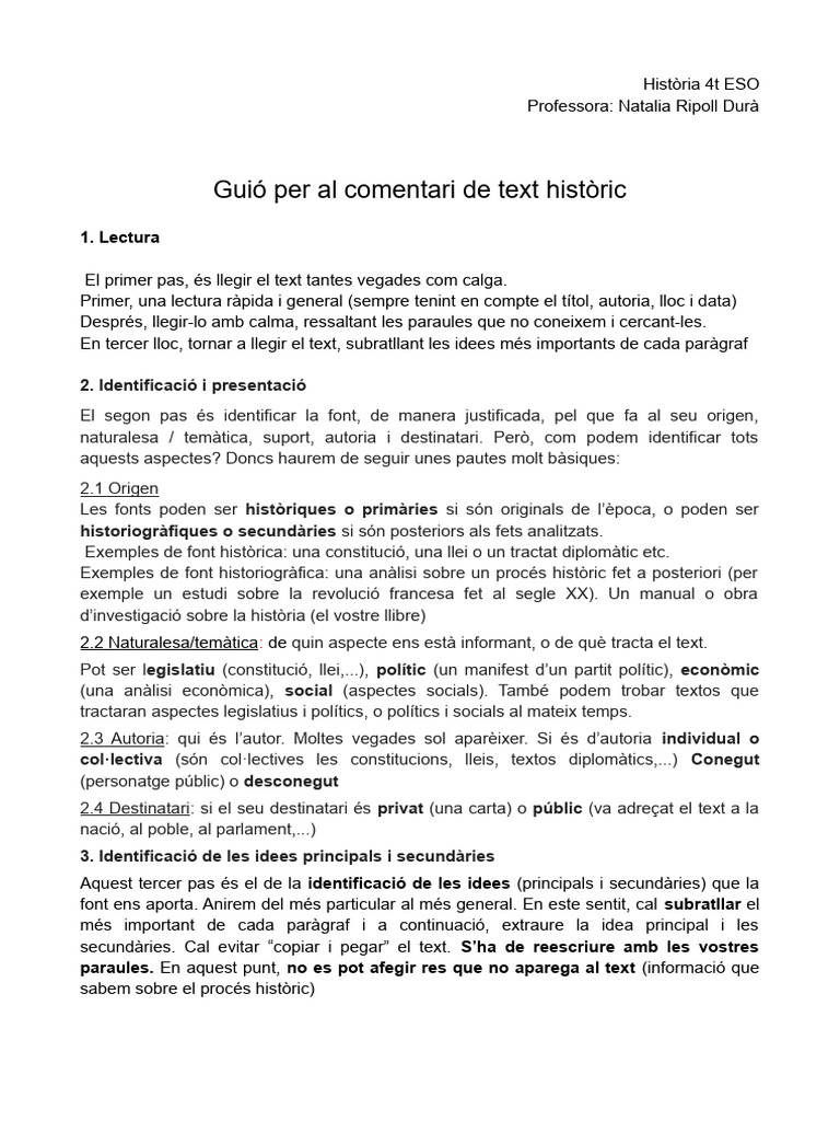 Guió Comentari de Text 4t ESO | PDF