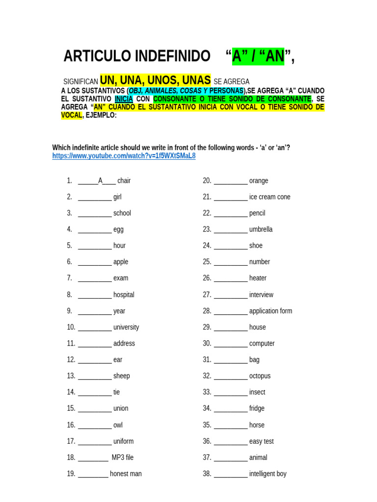 Articulo Indefinido and Plural, Starter | PDF