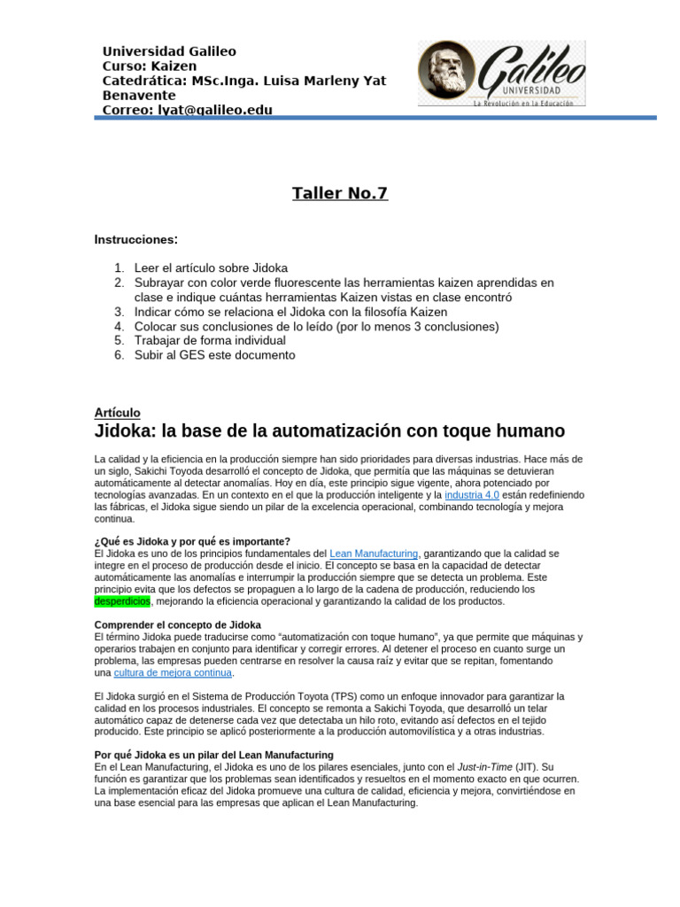 Taller 7 - Kaizen y Jidoka | PDF | Lean Manufacturing | Calidad (comercial)