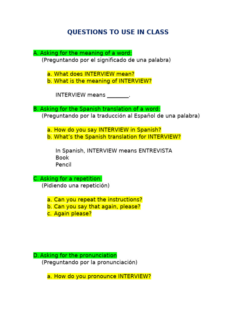 Classroom Questions for Language Learning | PDF