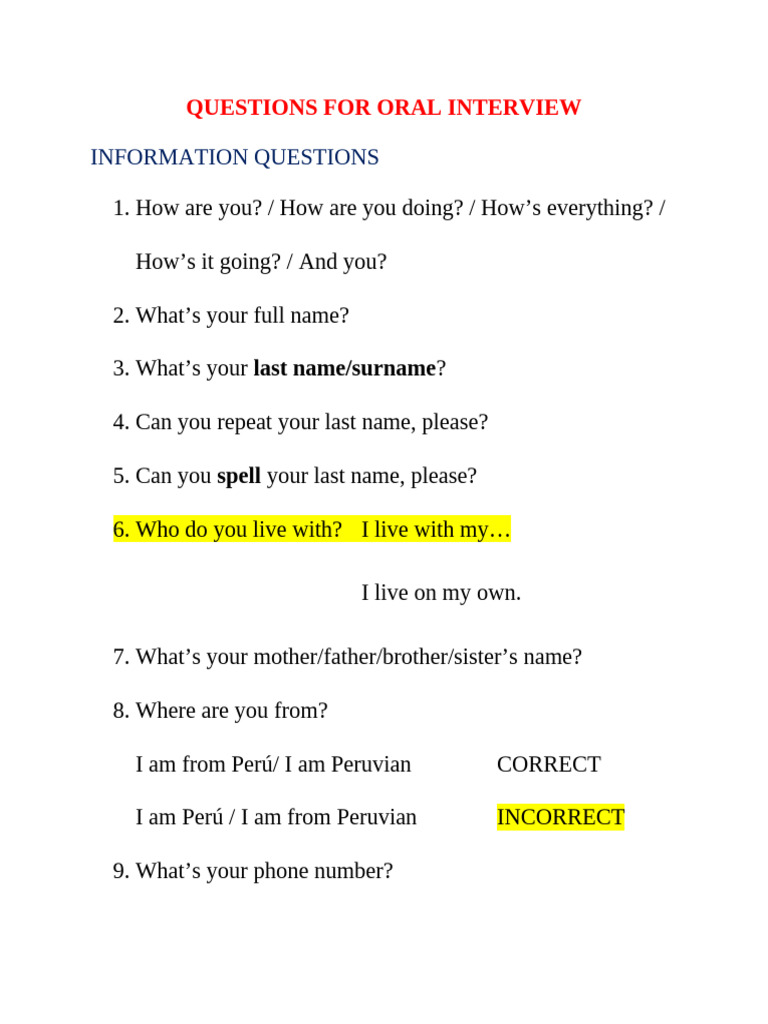 Questions For Oral Interview | PDF