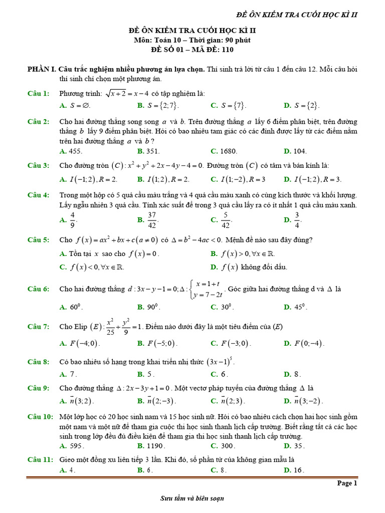 10 de On Tap Kiem Tra Cuoi Hoc Ki 2 Toan 10 CTST Cau Truc Moi 3 2 2 3 | PDF