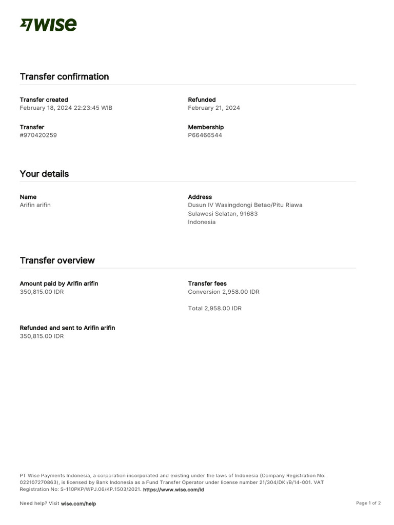 Wise Transaction Invoice Transfer 970420259 2523622184 Id-1 | PDF ...