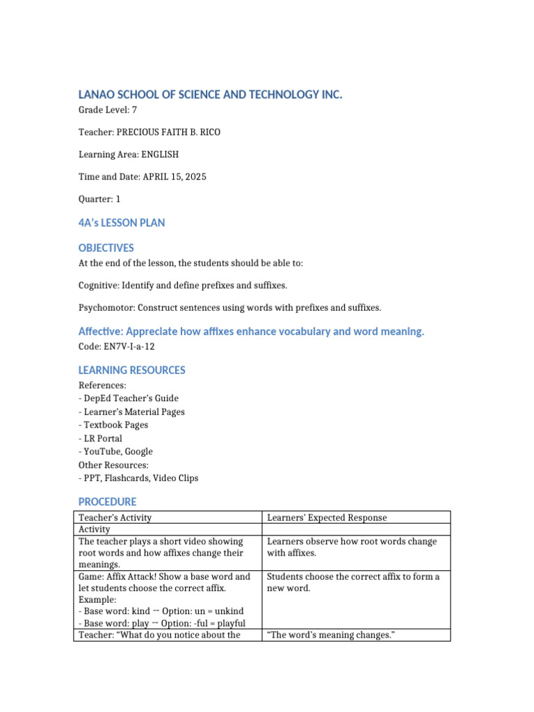 Prefixes and Suffixes 4as Lesson Plan UPDATED | PDF | Word | Vocabulary