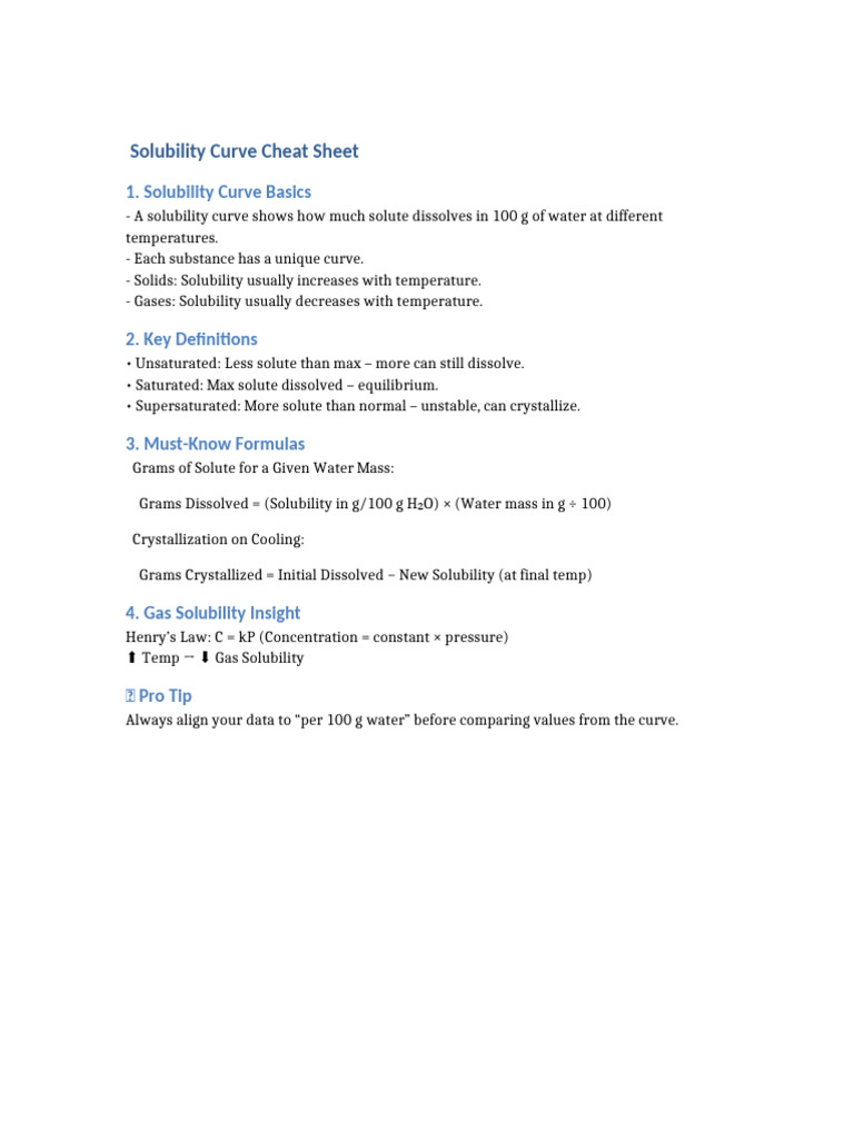 Solubility Curve Cheat Sheet | PDF
