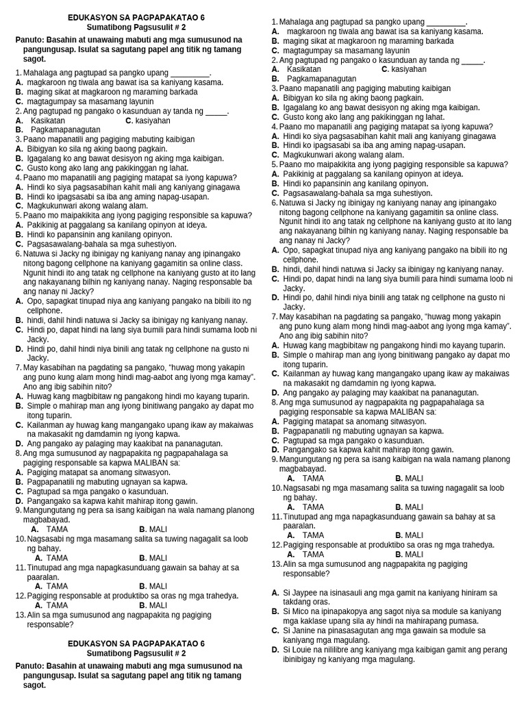 Pagsusulit ESP 6 Q2 Pangako | PDF